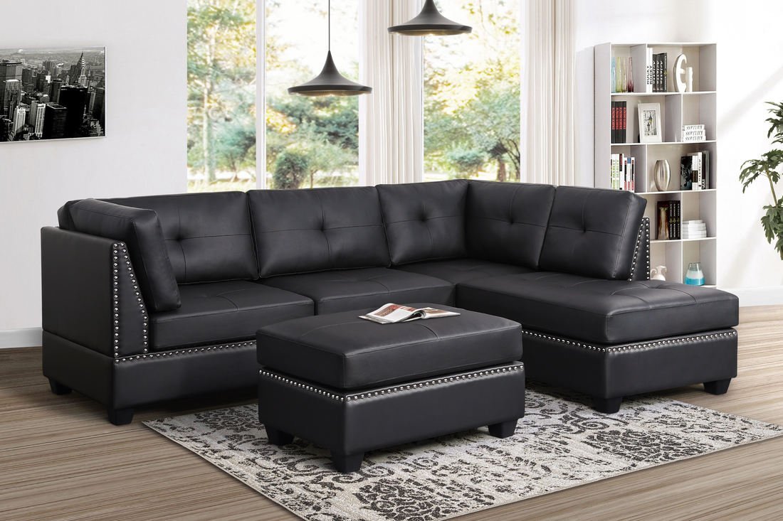 Sienna Sectional + Ottoman Set (Black Leather) – SV Discount Furniture