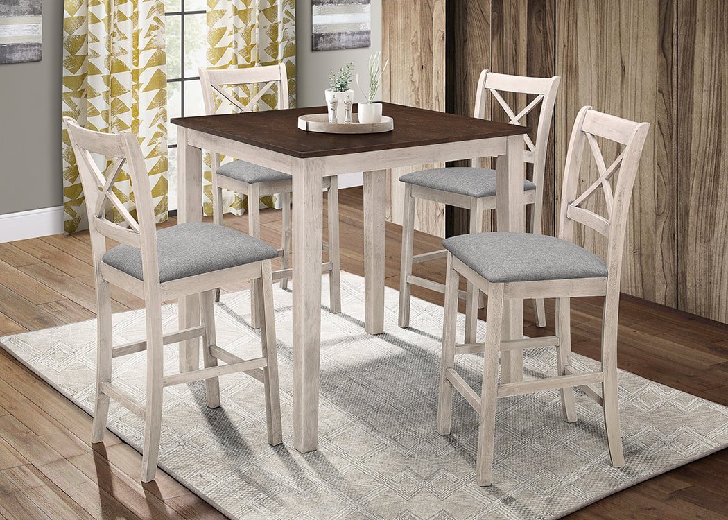 Tahoe – Antique White – Pub Table + 4 Chairs – SV Discount Furniture